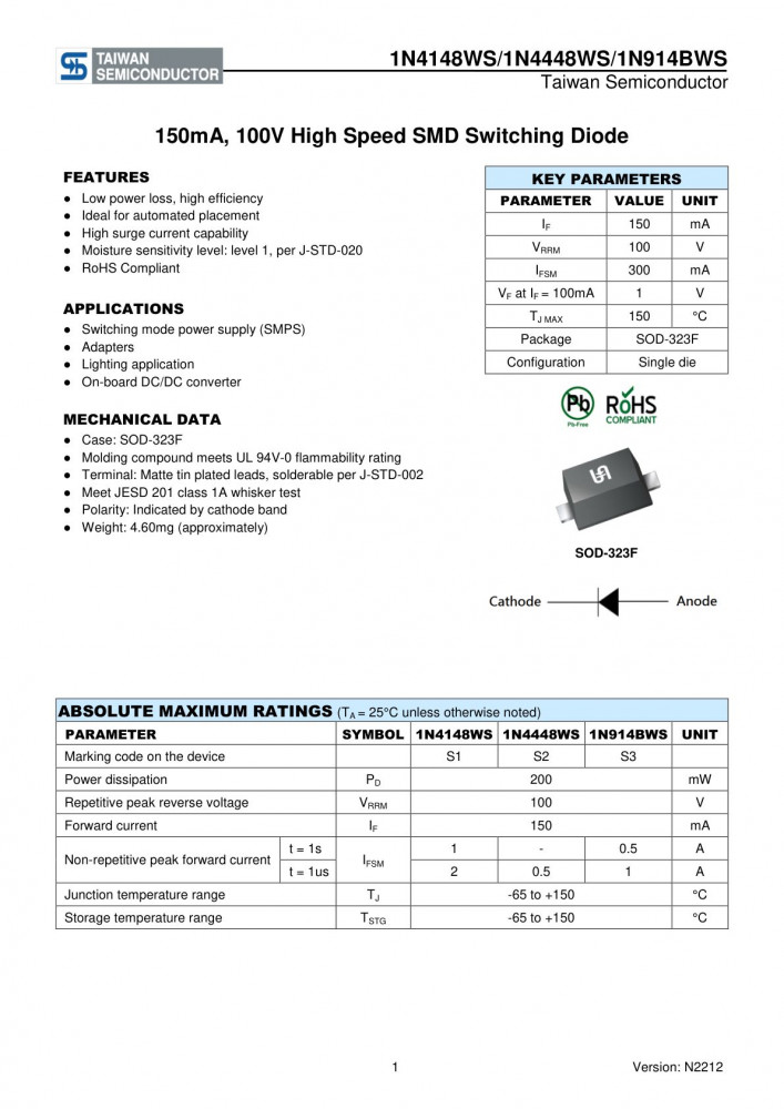 1N4148WS technical document page 1