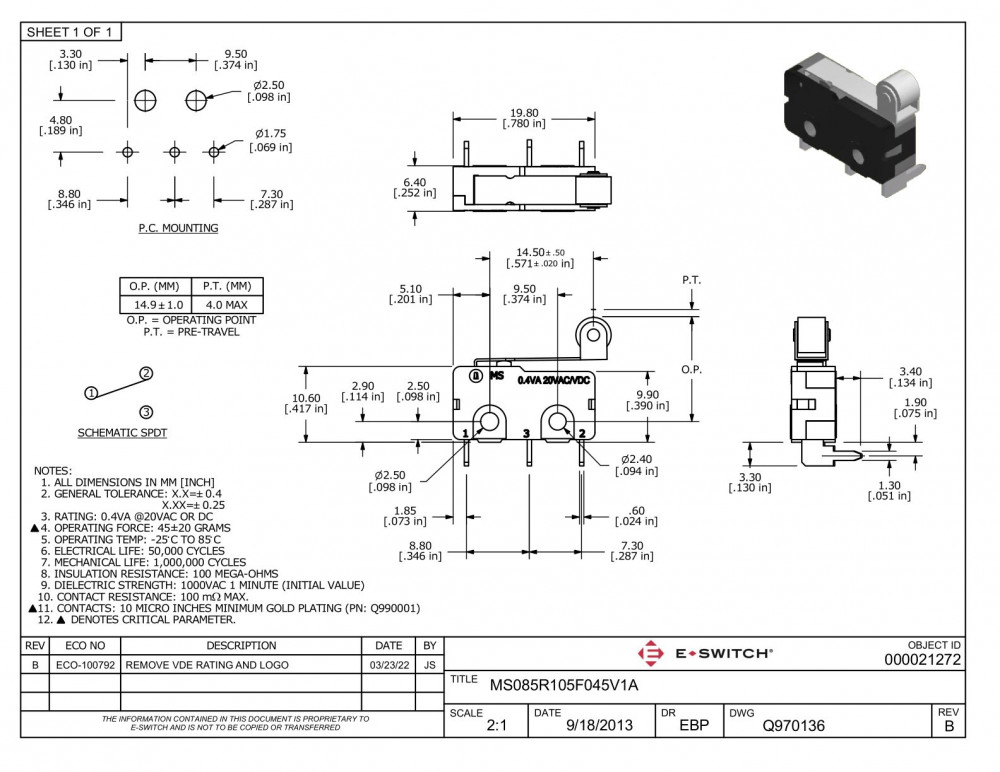 E-Switch MS085R105F045V1A technical drawing preview
