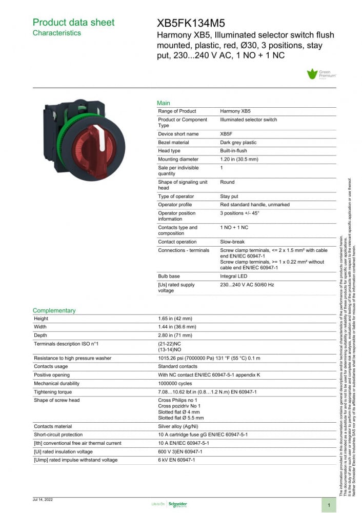 XB5FK134M5 technical document page 1