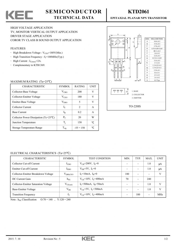 KTD2061-Y-U/PF datasheet page 1