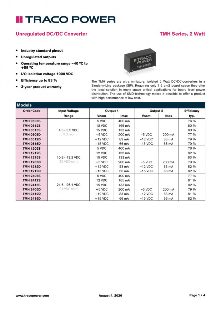TRACO POWER TMH series datasheet page 1