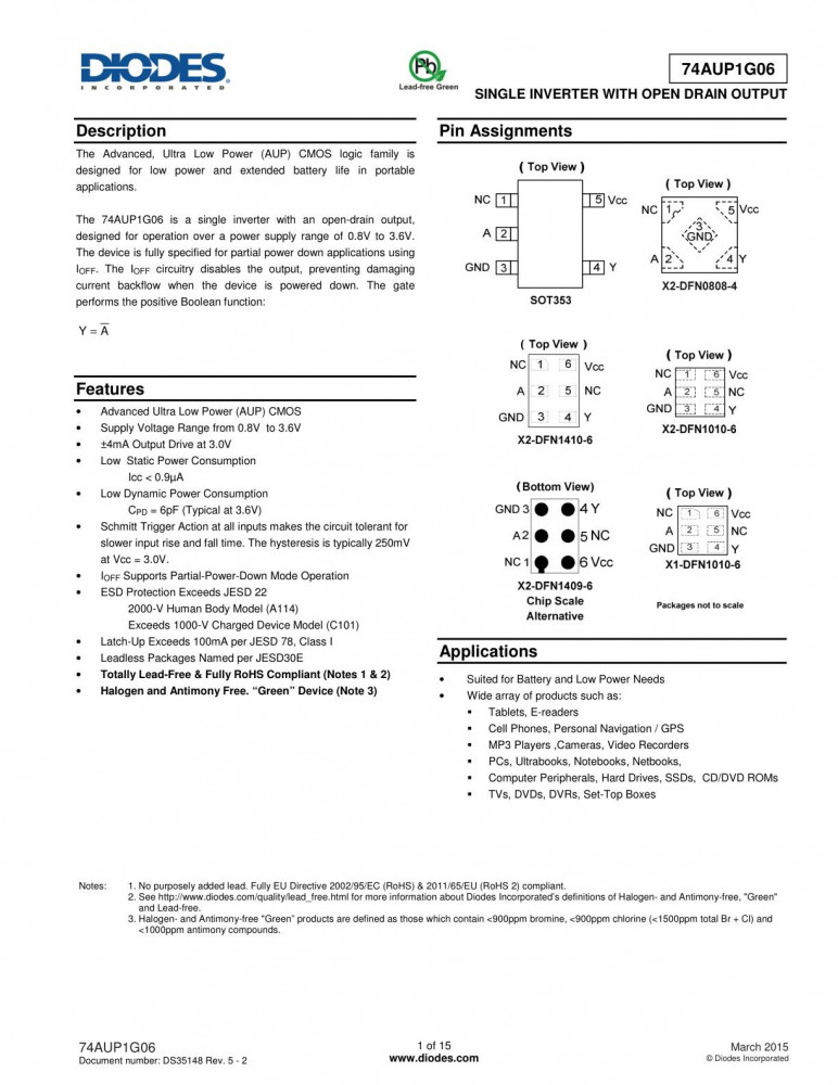 74AUP1G06FX4-7 datasheet page 1