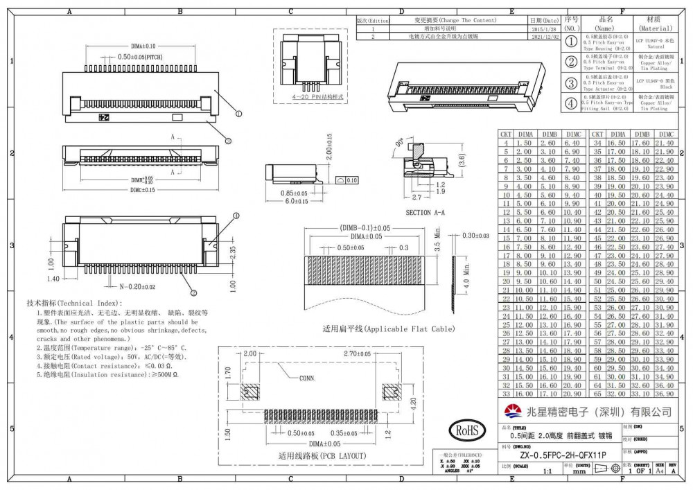 Megastar ZX-0.5FPC-2H-QFX11P technical document preview