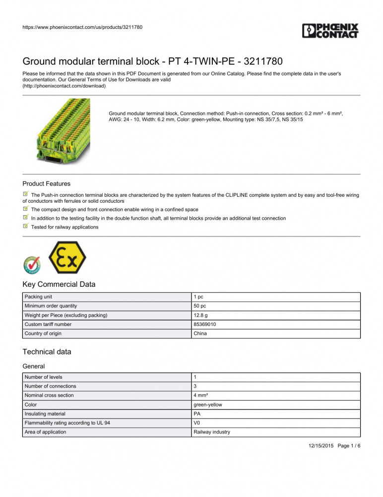 Phoenix Contact PT 4-TWIN-PE 3211780 technical document page 1
