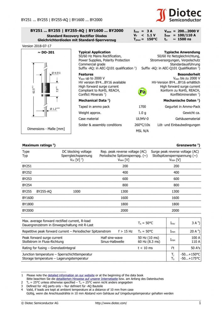 DIOTEC BY1600 datasheet page 1