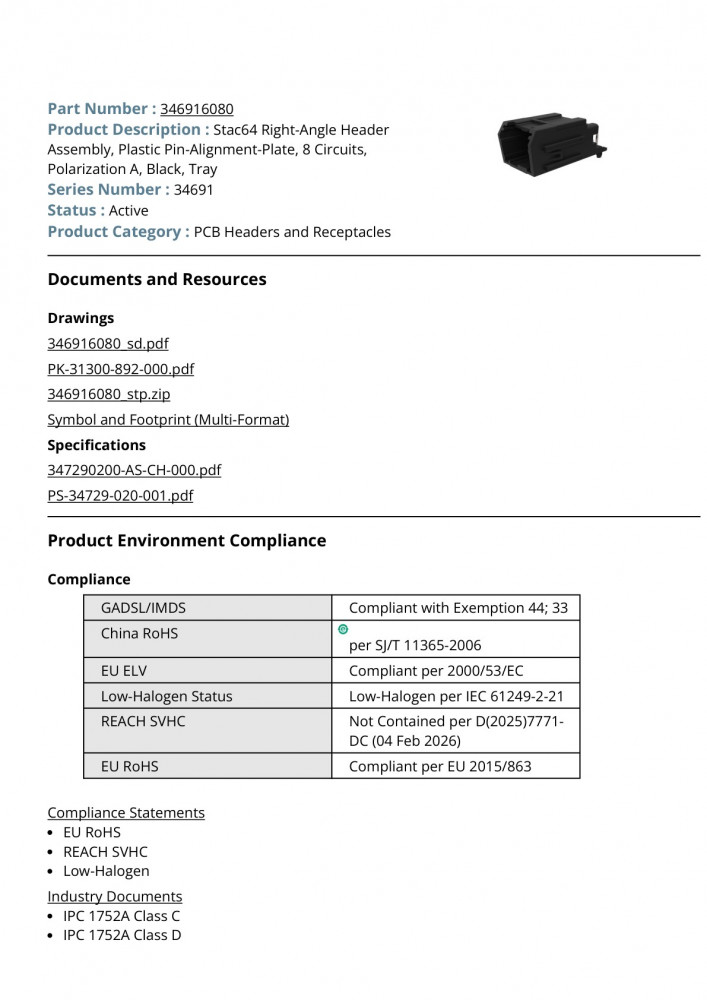 MOLEX 346916080 technical document preview, page 1