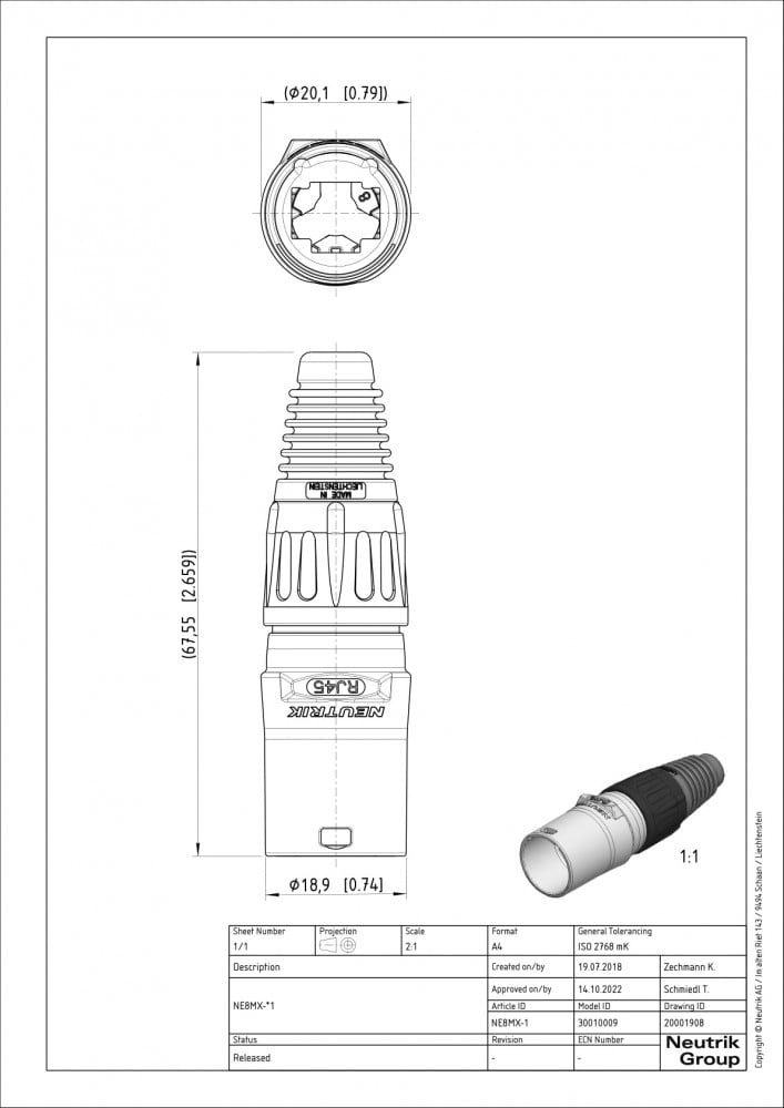 Neutrik NE8MX-1 technical drawing