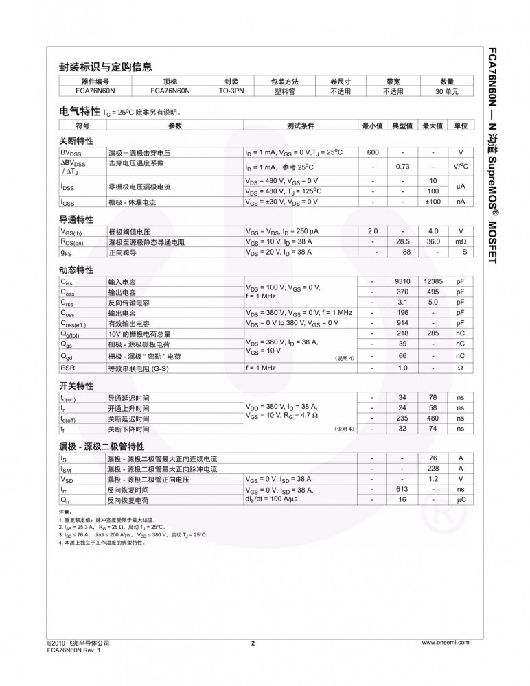 FCA76N60N datasheet page 2