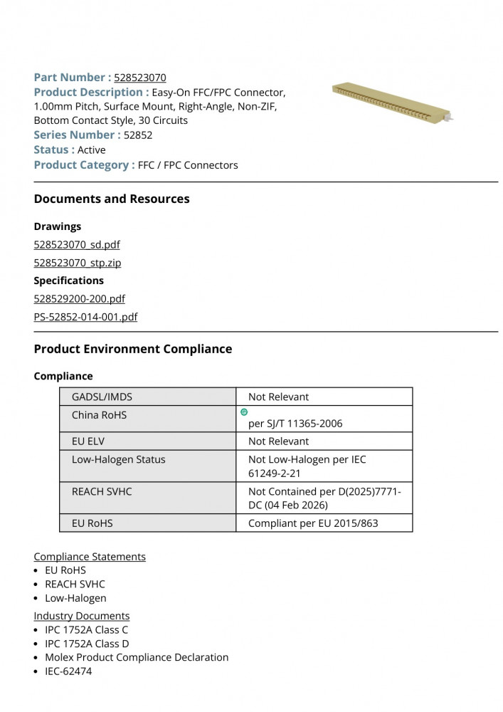 MOLEX 528523070 technical document preview, page 1