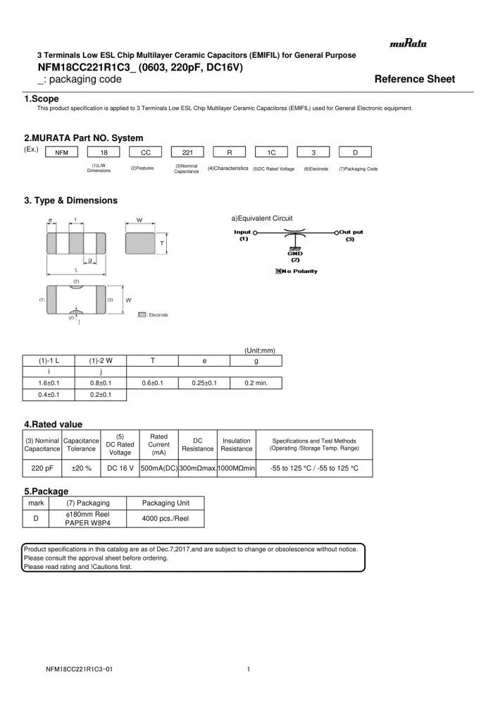 NFM18CC221R1C3D specification page 1