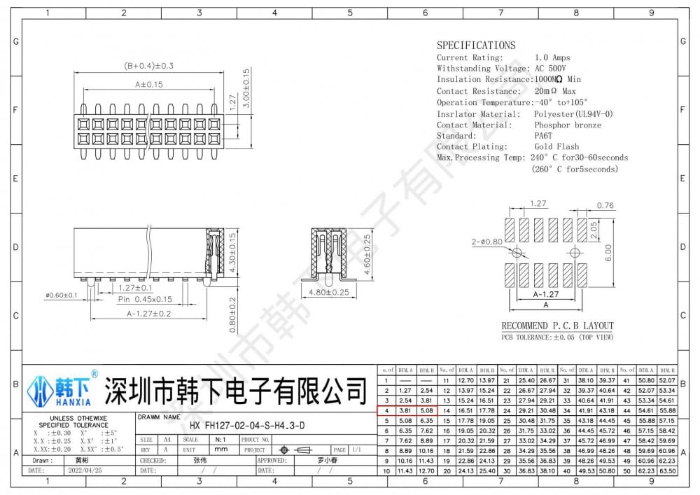 HANXIA HX FH127-02-04-S-H4.3-D technical drawing preview