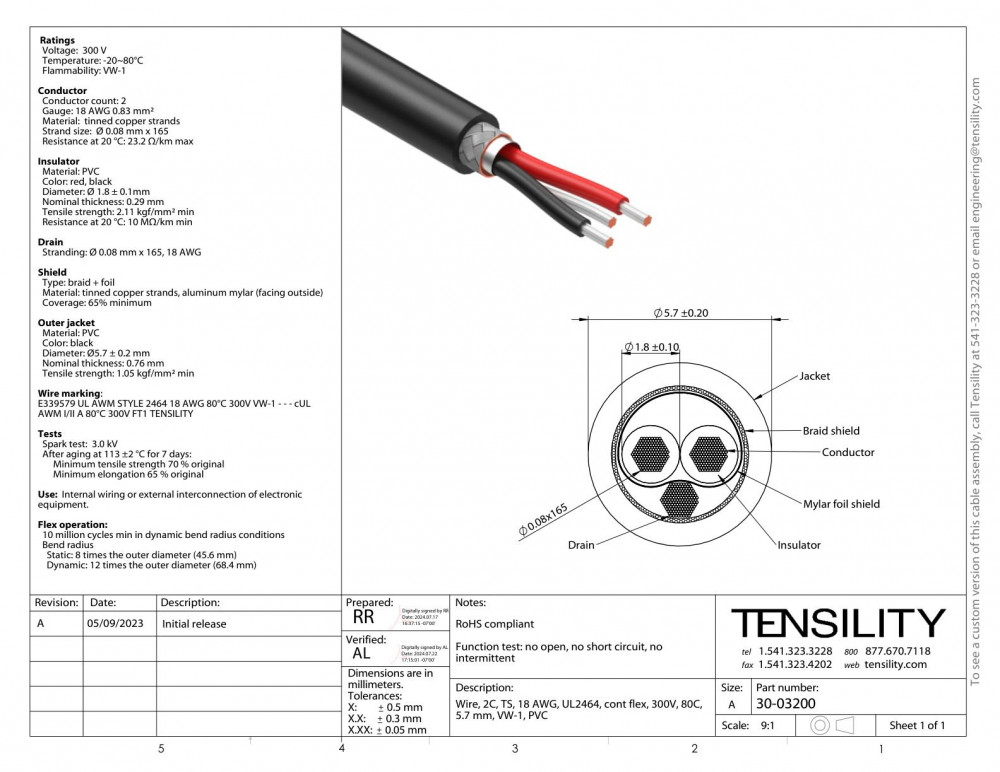 Tensility International 30-03200 cable technical drawing