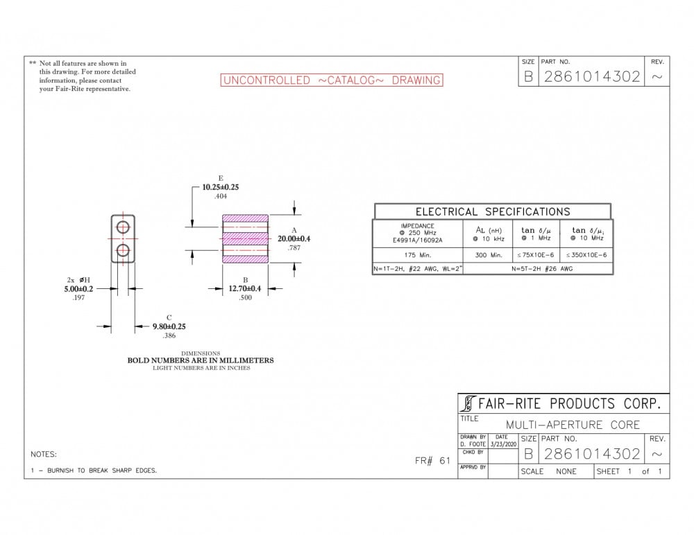 Fair-Rite 2861014302 multi-aperture core drawing