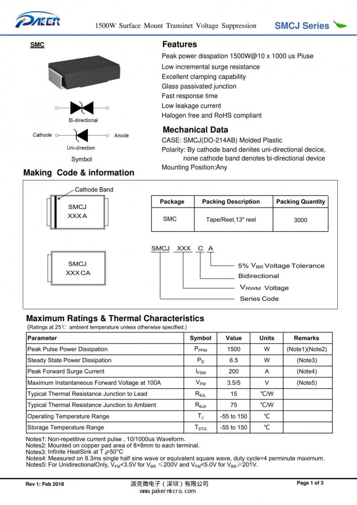 PAKER SMCJ36A datasheet page 1