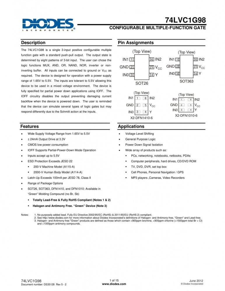 74LVC1G98FZ4-7 datasheet page 1