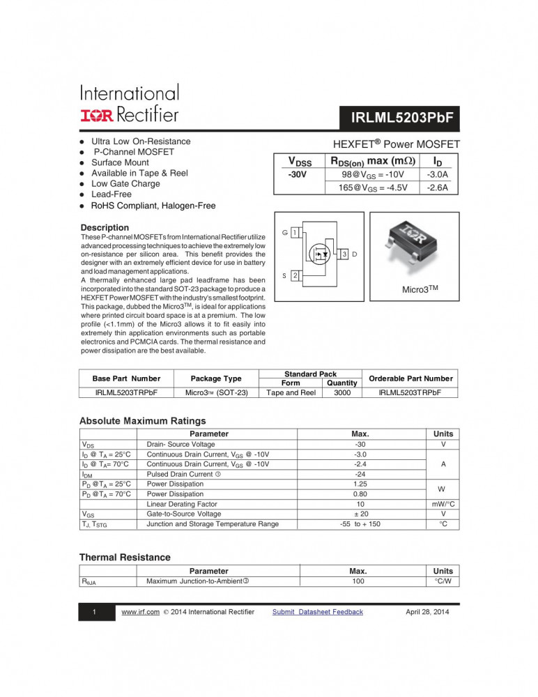 IRLML5203TRPBF datasheet page 1