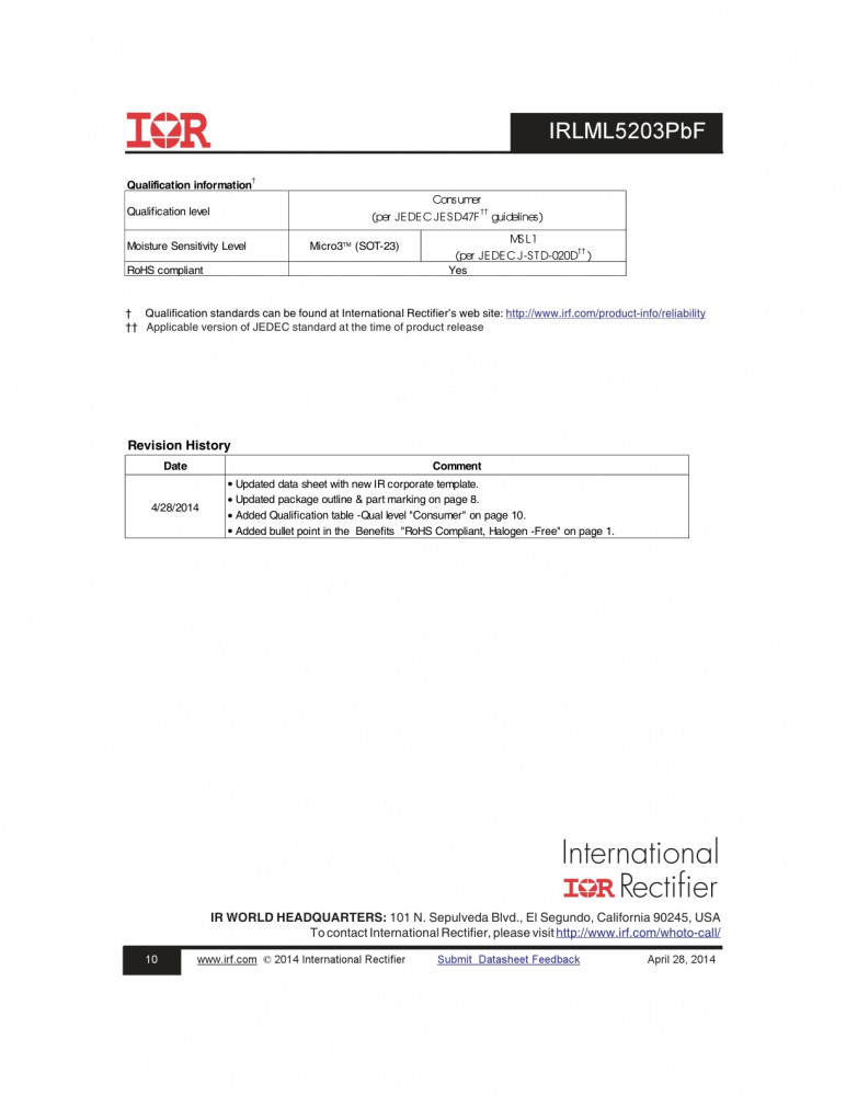 IRLML5203TRPBF datasheet page 10