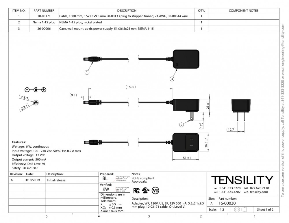 Tensility International 16-00030 specification sheet, page 1