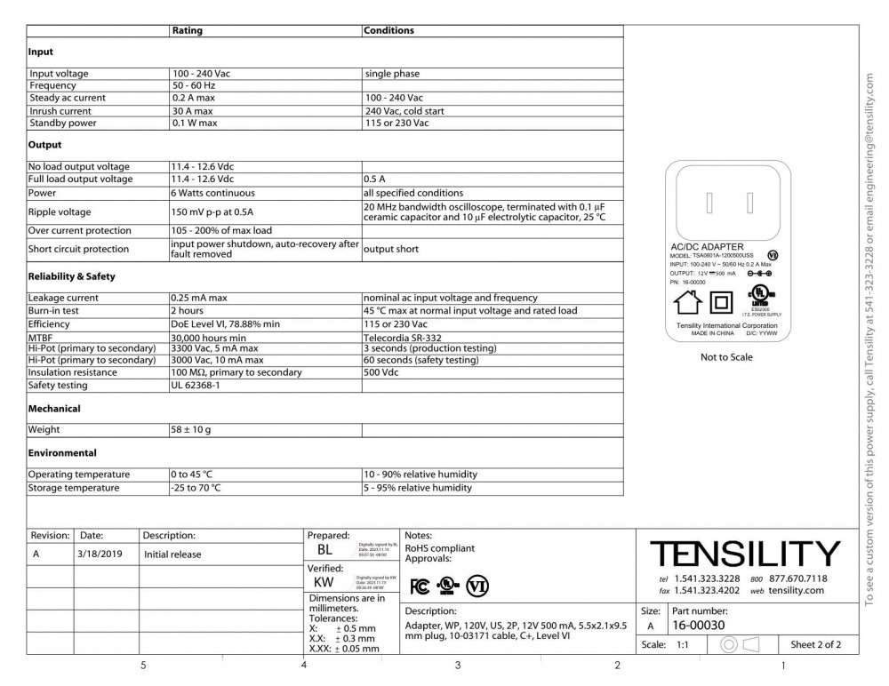 Tensility International 16-00030 specification sheet, page 2