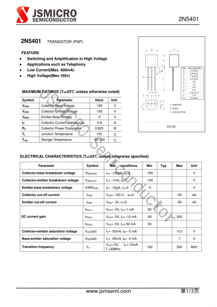 JSMSEMI 2N5401 datasheet page 1
