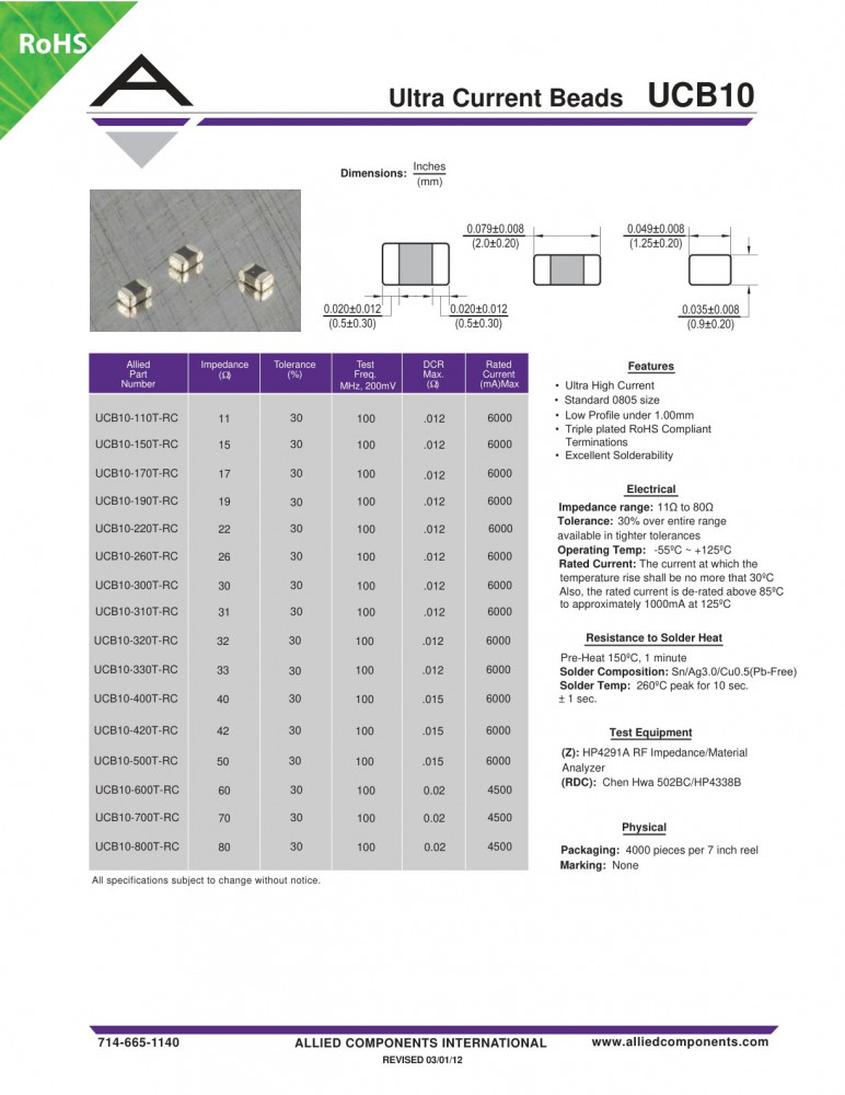 Allied Components International UCB10 series specification and product documentation