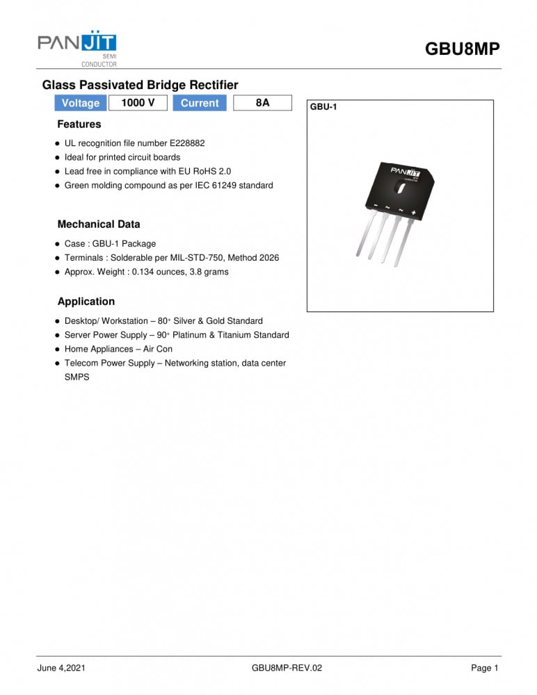 PANJIT GBU8MP datasheet page 1