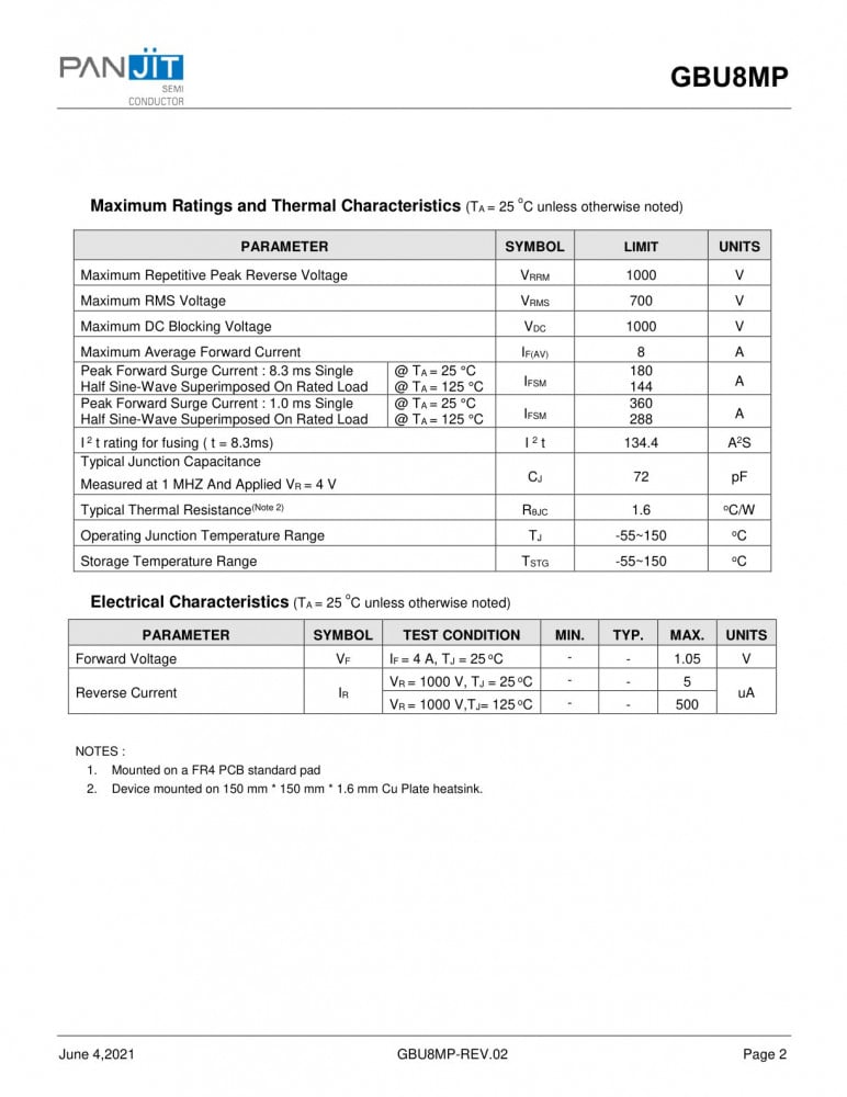PANJIT GBU8MP datasheet page 2