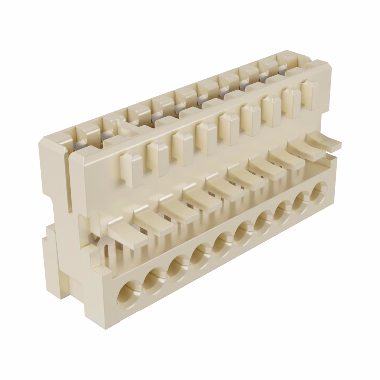 Appli-Mate RAST 2.5 Connector, 2.50mm Pitch, Female, 10 Circuits, Circuit 2 and 9 Voided, Latch at Circuit 2 and 9, Open Endwalls, Tin Plating