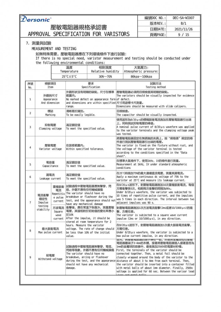 Dersonic varistor approval specification page 10