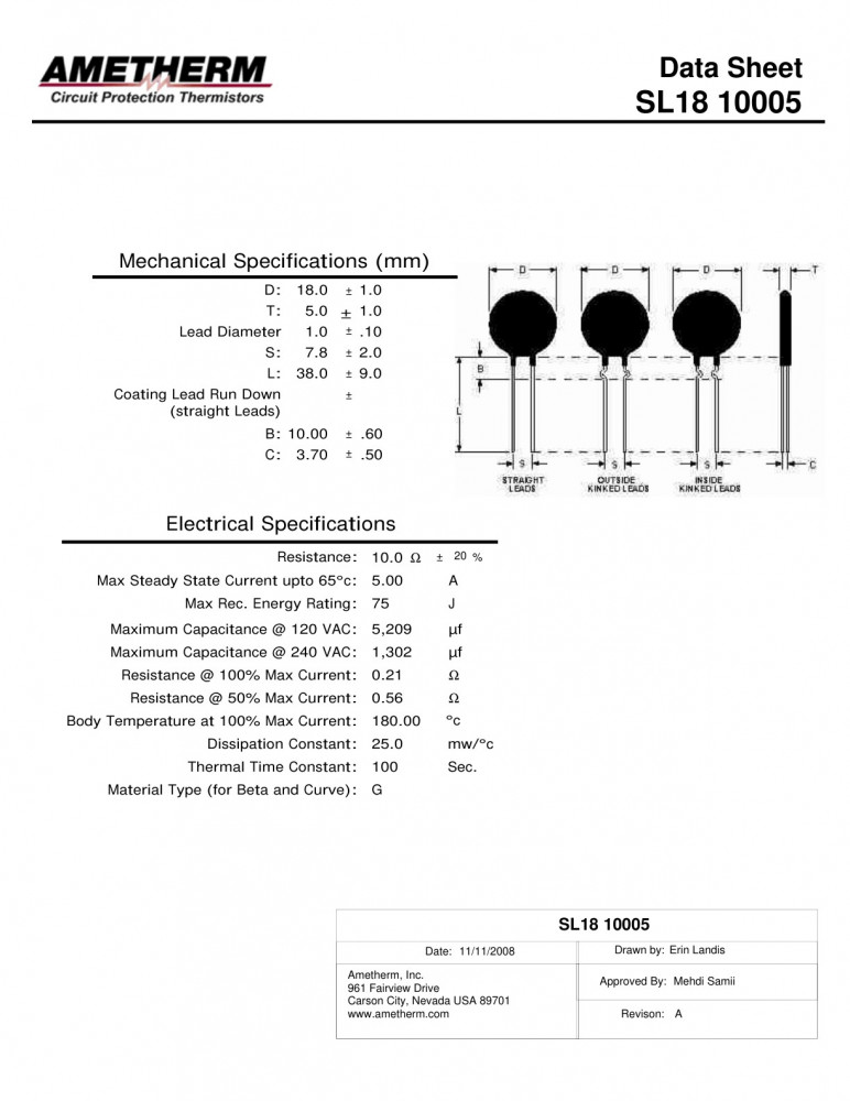 Ametherm SL18 10005-A technical document page