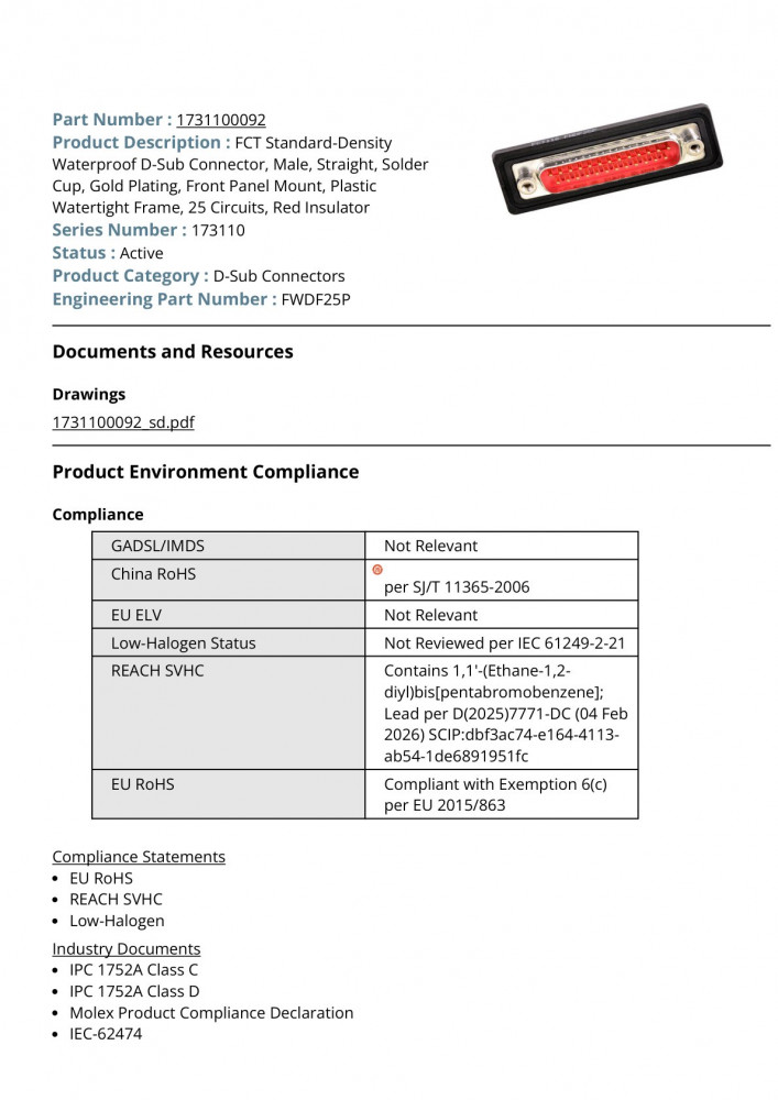 MOLEX 1731100092 product drawing, page 1