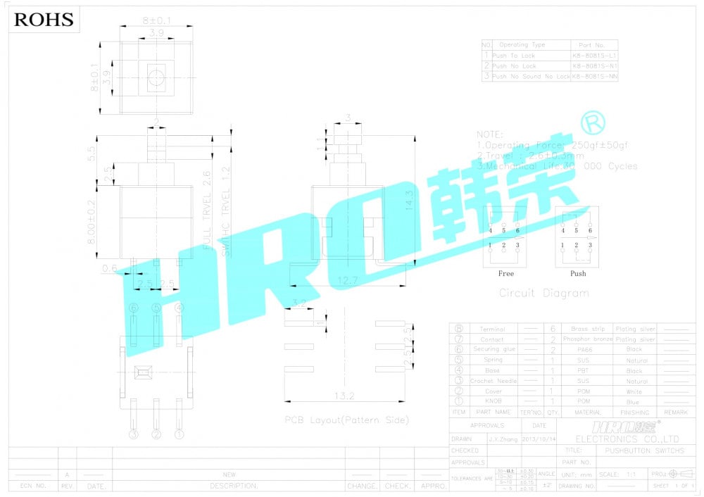K8-8081S-L1 pushbutton switch technical drawing