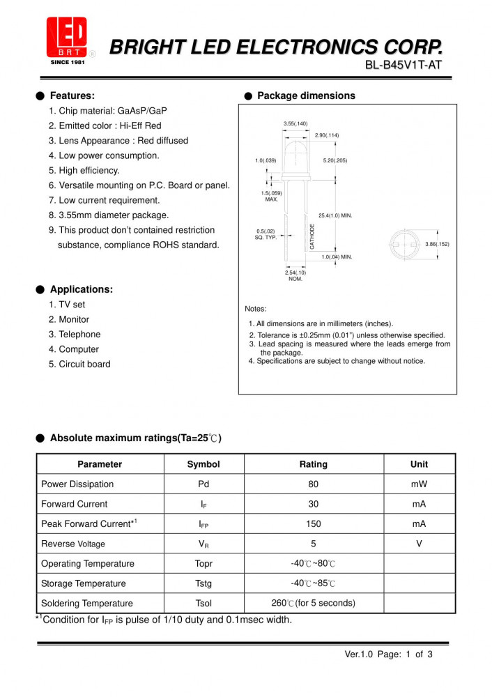 BL-B45V1T-AT technical document, page 1