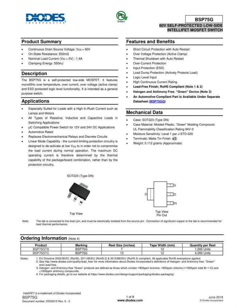 BSP75GTA datasheet page 1