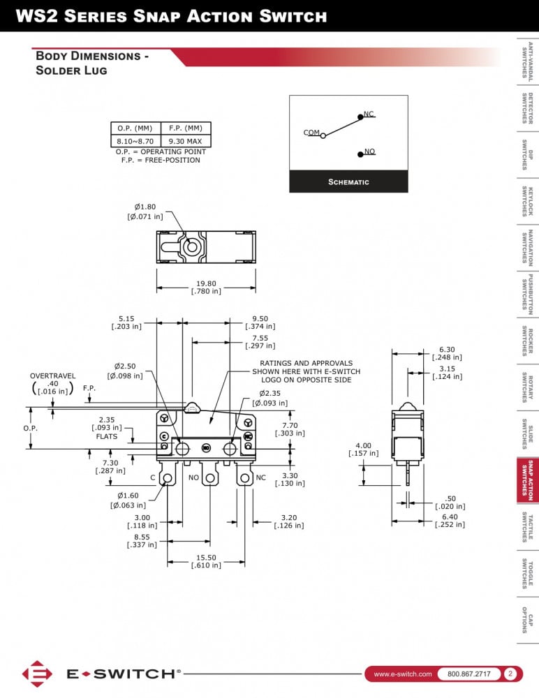 WS2 series solder lug dimensions