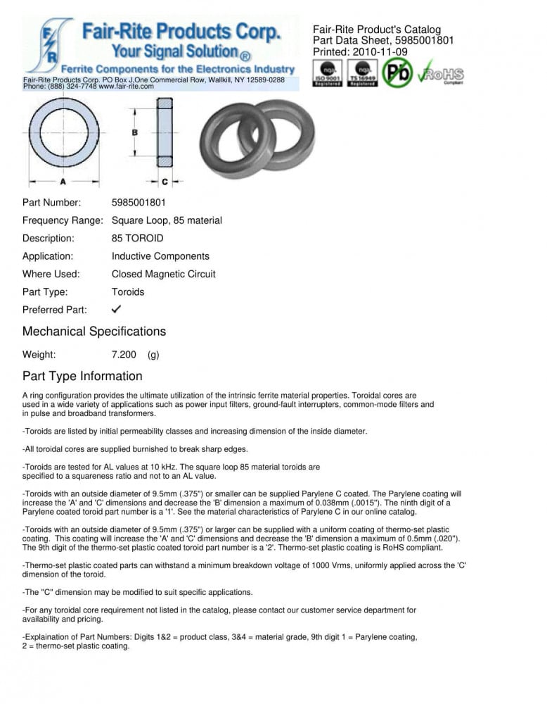 Fair-Rite ferrite component catalog page 1
