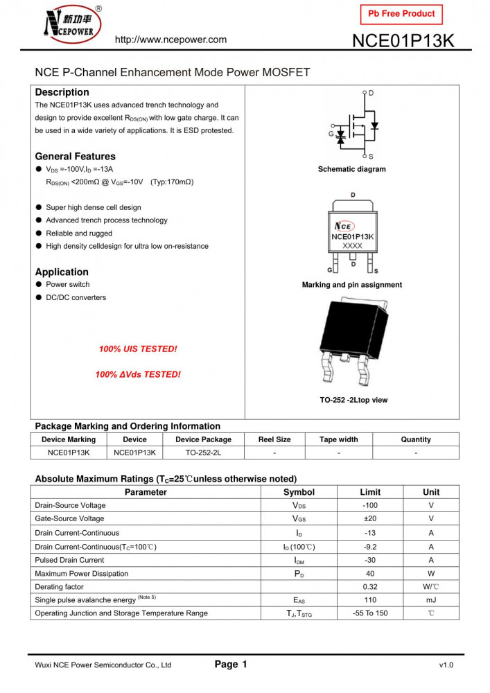 NCE01P13K datasheet page 1