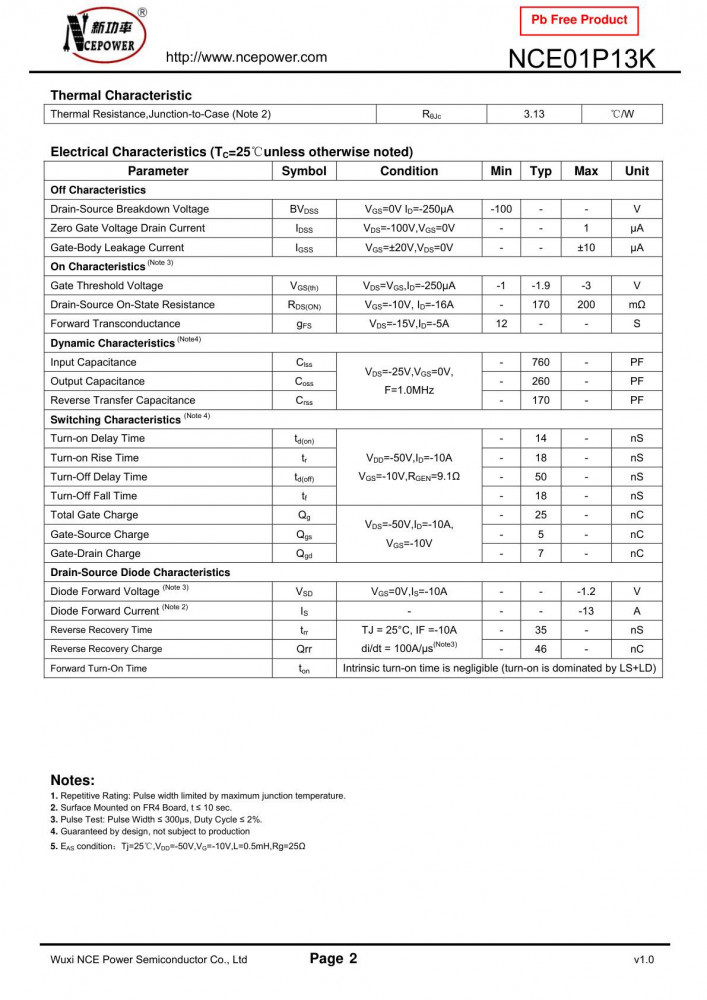 NCE01P13K datasheet page 2