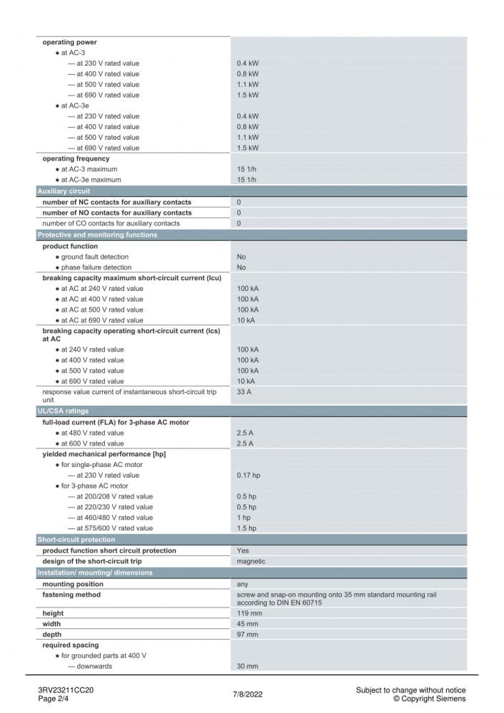 3RV23211CC20 datasheet page 2