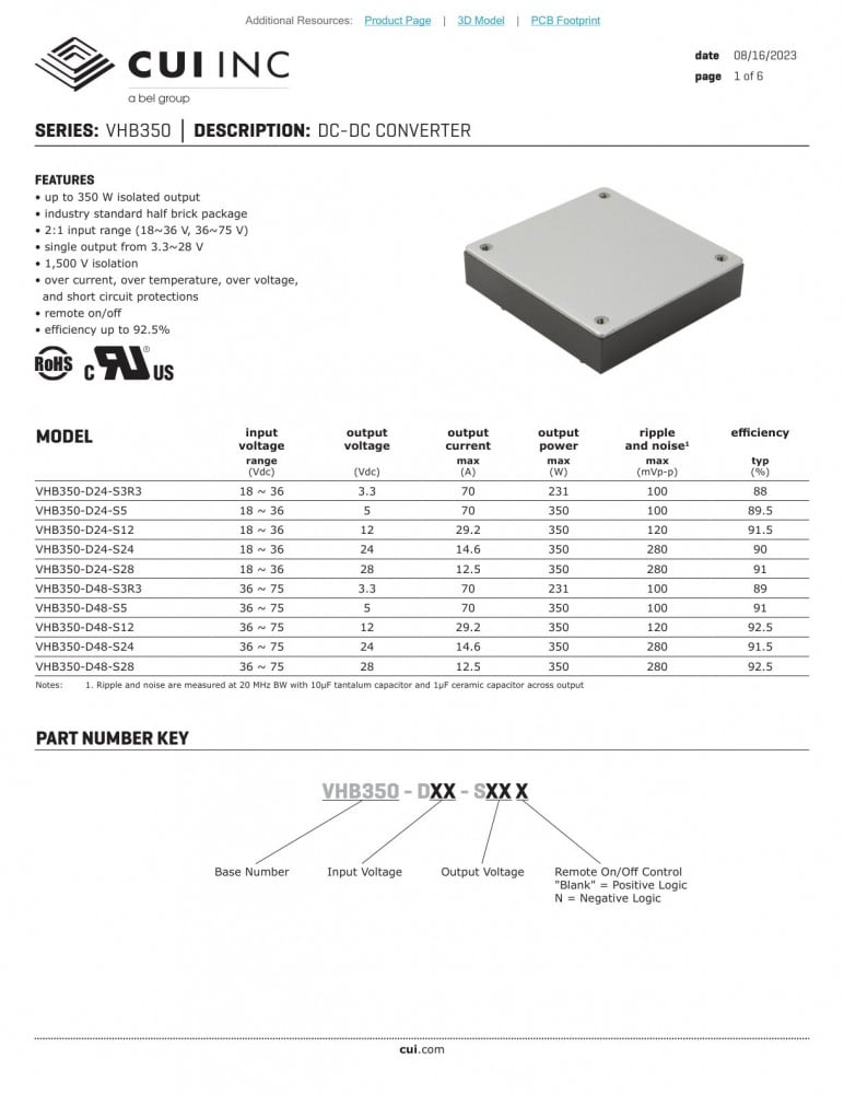 CUI VHB350 datasheet page 1
