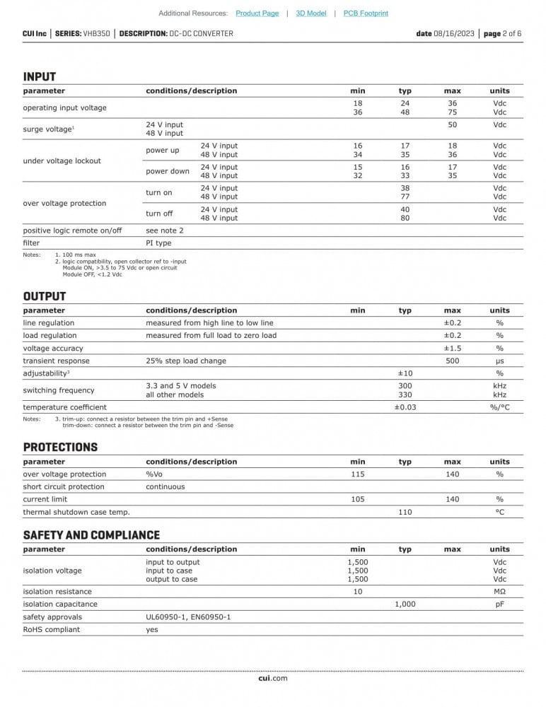 CUI VHB350 datasheet page 2