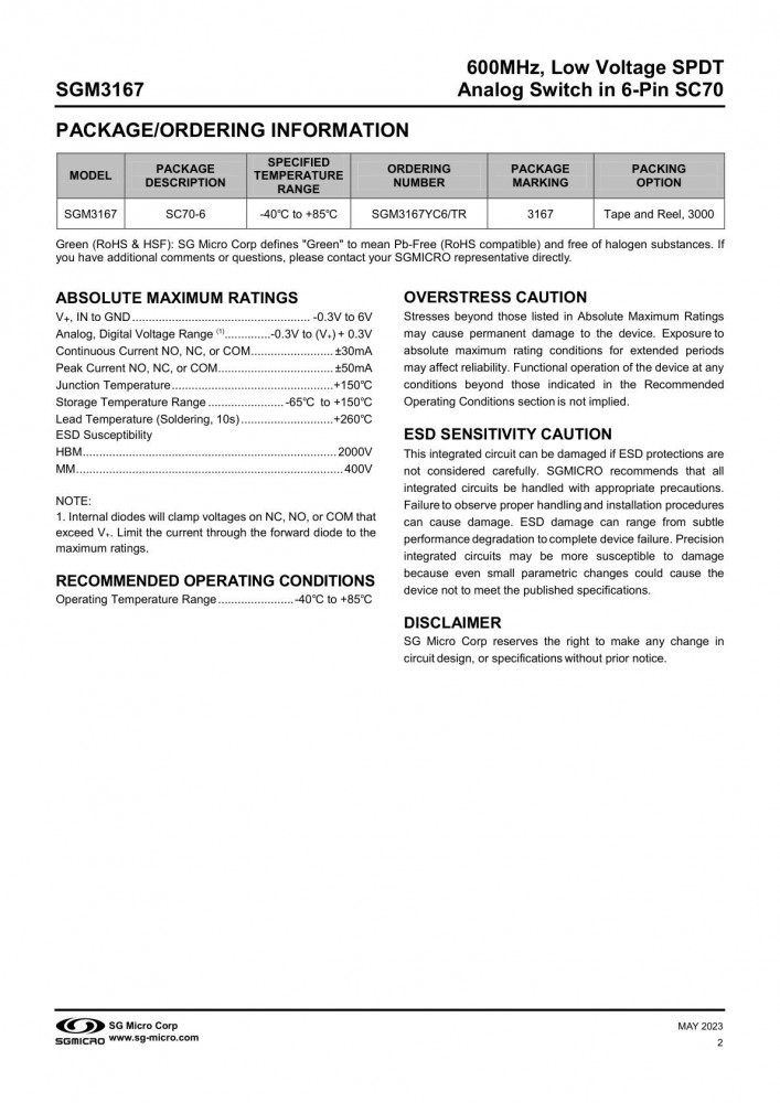 SGM3167 datasheet page 2