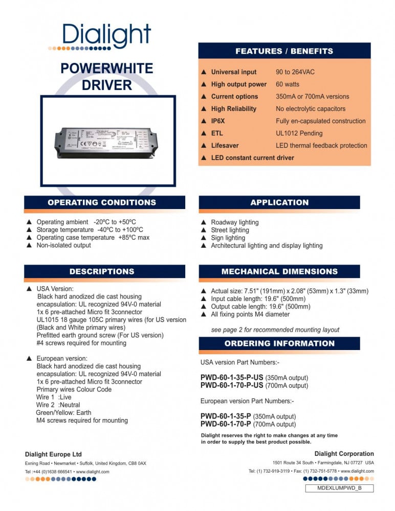 Dialight PWD-60-1-70-P datasheet page 1