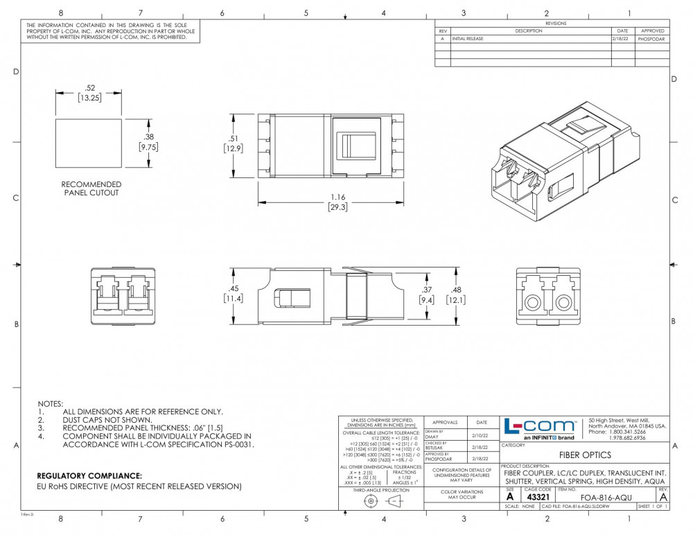 FOA-816-AQU L-com technical drawing preview