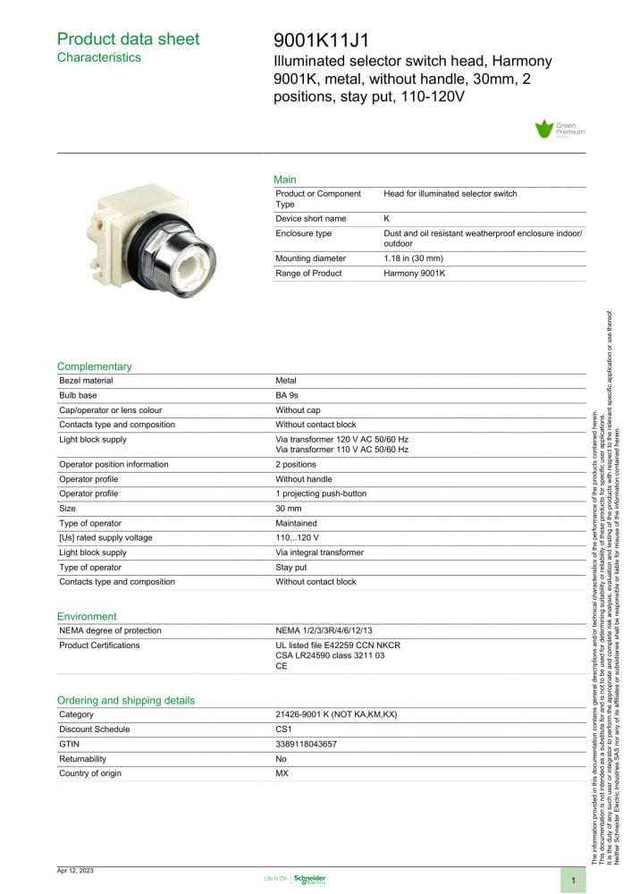 9001K11J1 technical document page 1