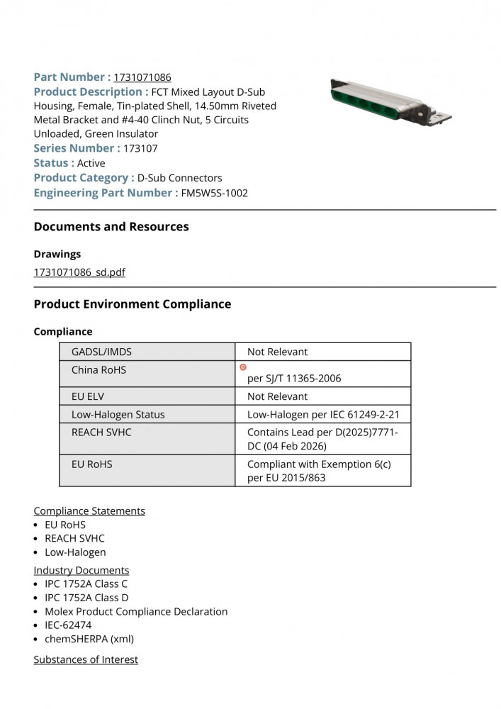 MOLEX 1731071086 drawing, page 1