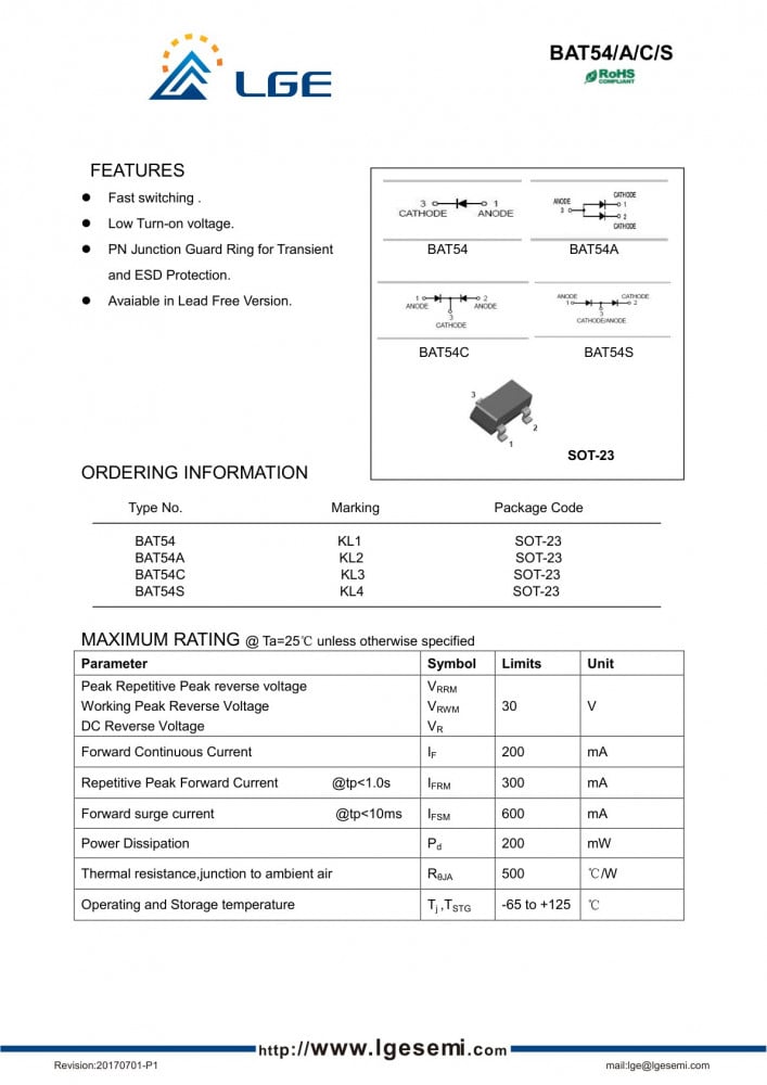 LGE BAT54A datasheet page 1