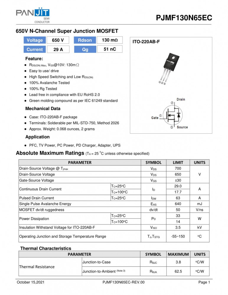 PJMF130N65EC datasheet page 1