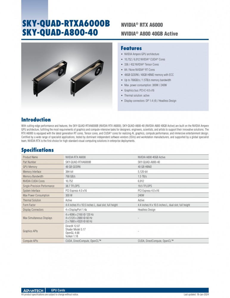 Product documentation page for NVIDIA A800 40GB Active