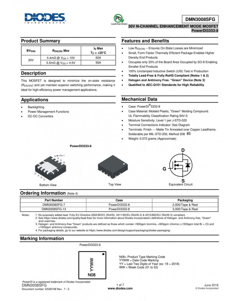 DMN3008SFG-7 datasheet page 1